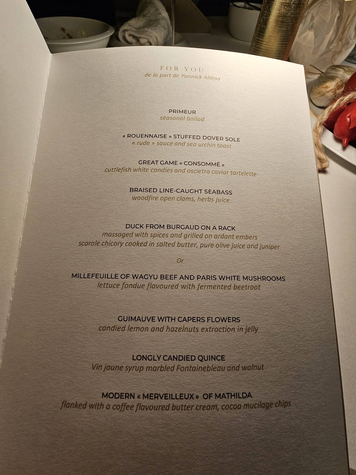 Menu at Alléno Paris restaurant, Paris, 8 Av. Dutuit