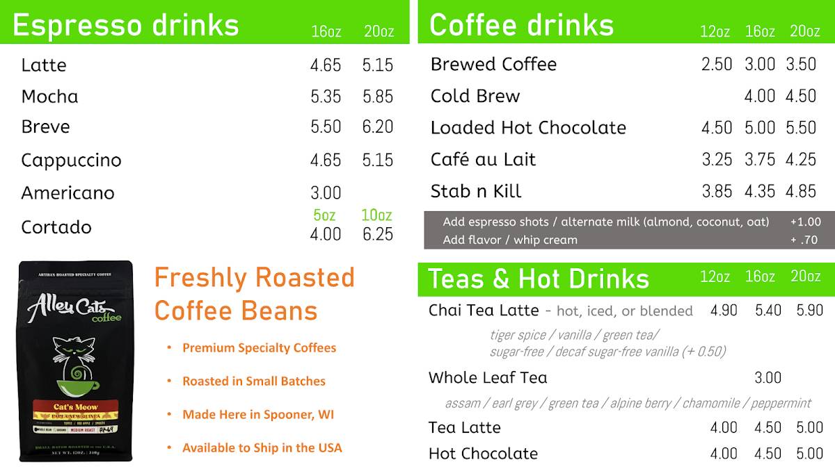 Carta del café Alley Cats Coffee, Spooner, 750 W Beaverbrook Ave
