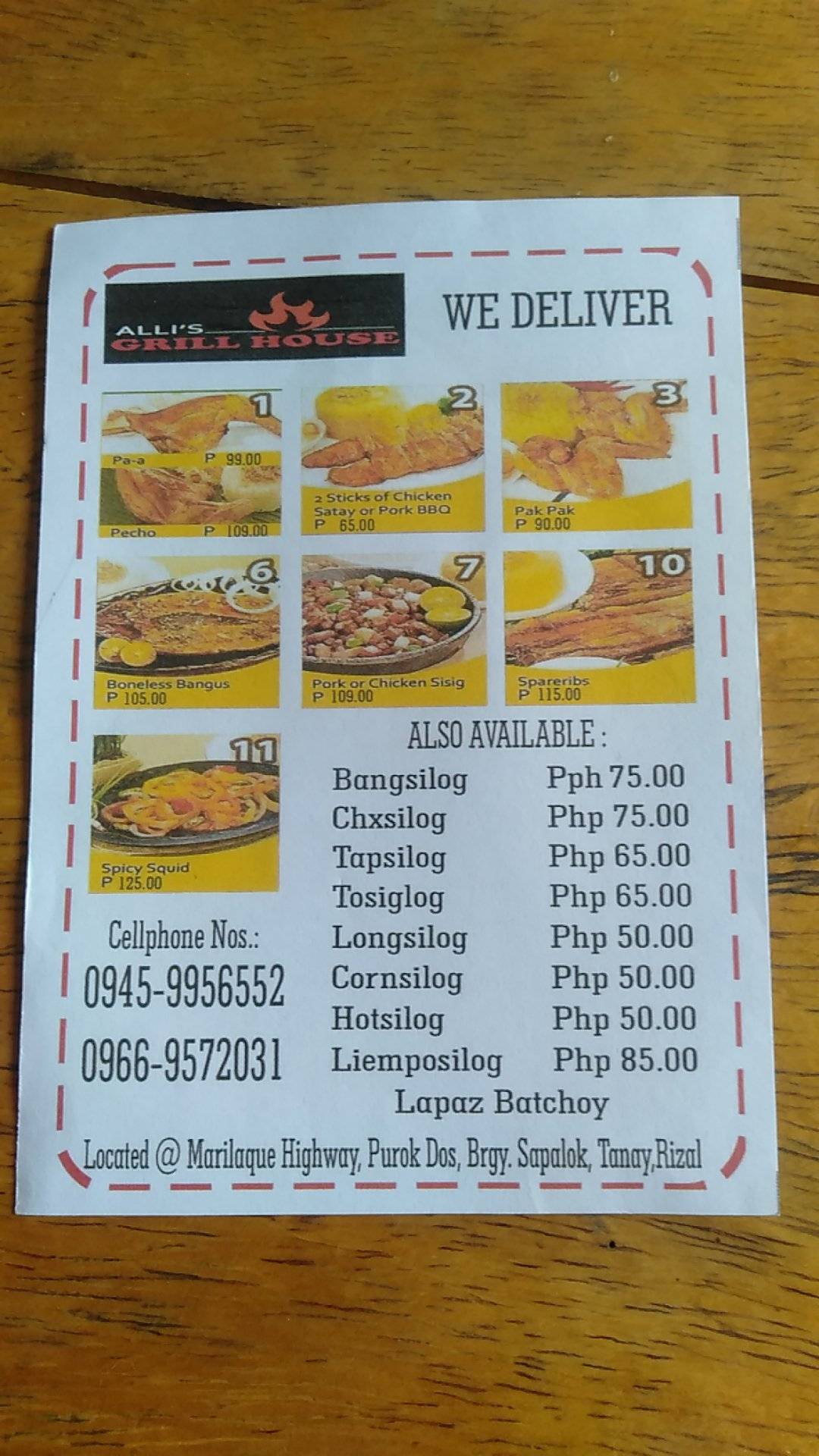 Menu at Alli's Grille House restaurant, Tanay