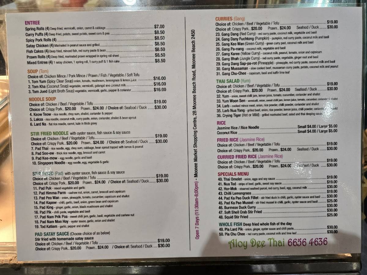 Menu at Aloy Dee Thai Street Food restaurant, Moonee Beach