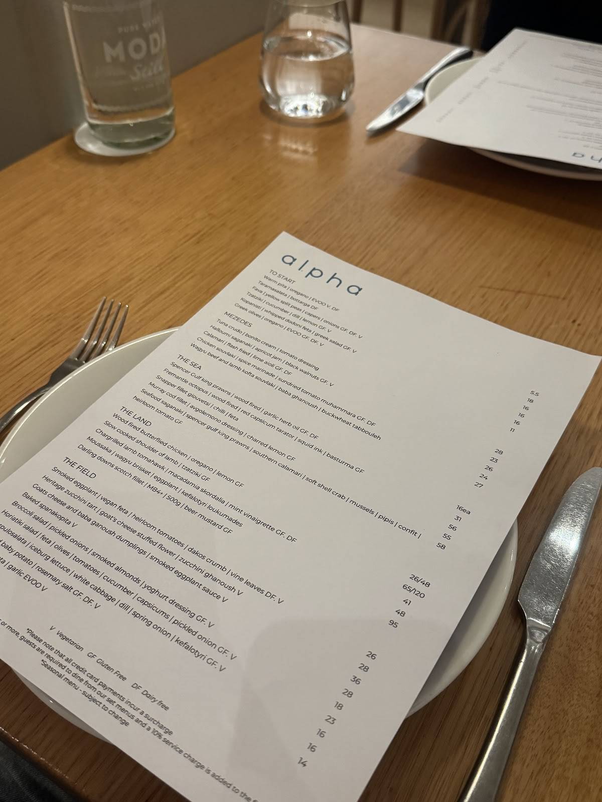 Menu at Alpha Dining restaurant, Sydney