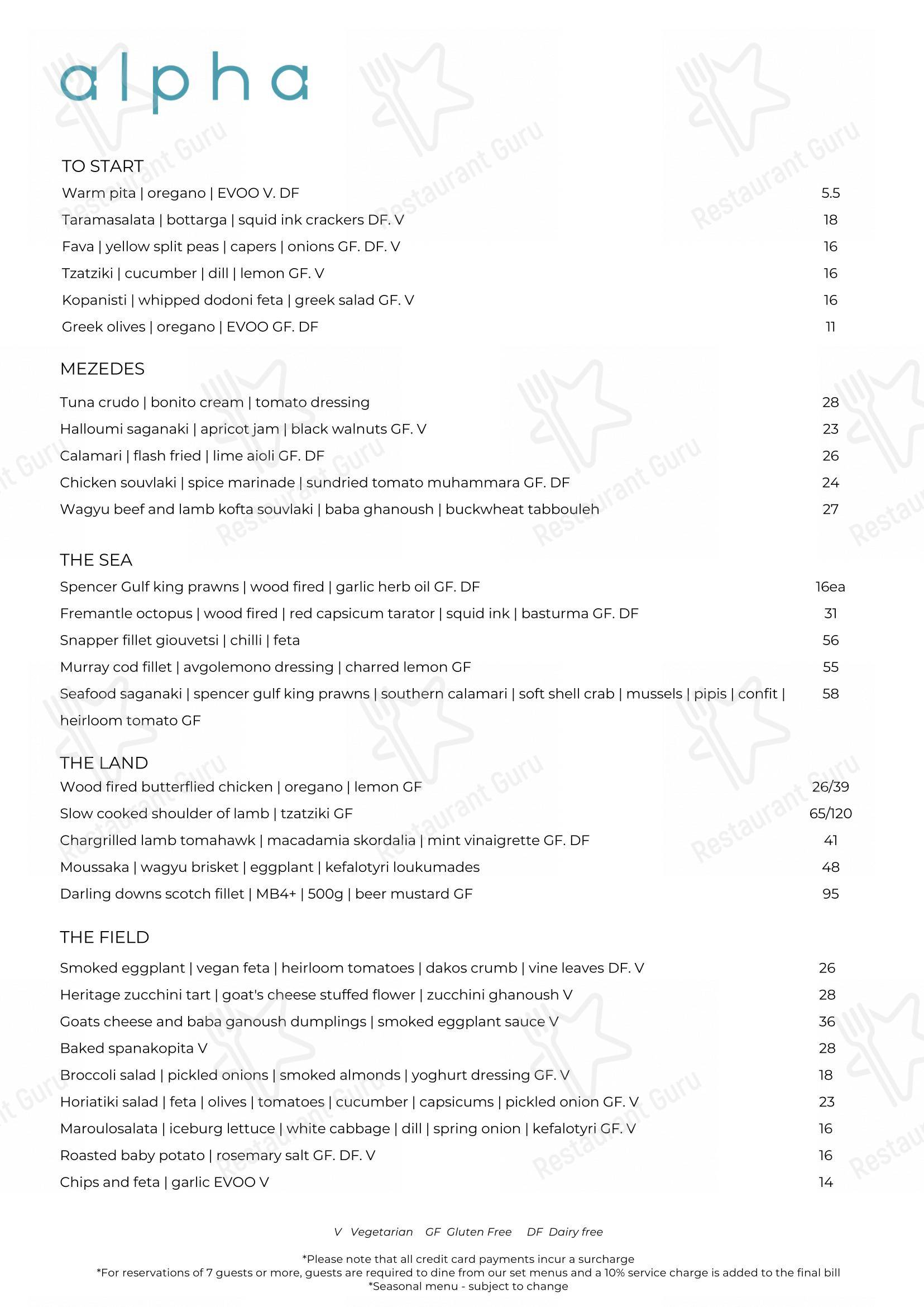 Menu at Alpha Dining restaurant, Sydney