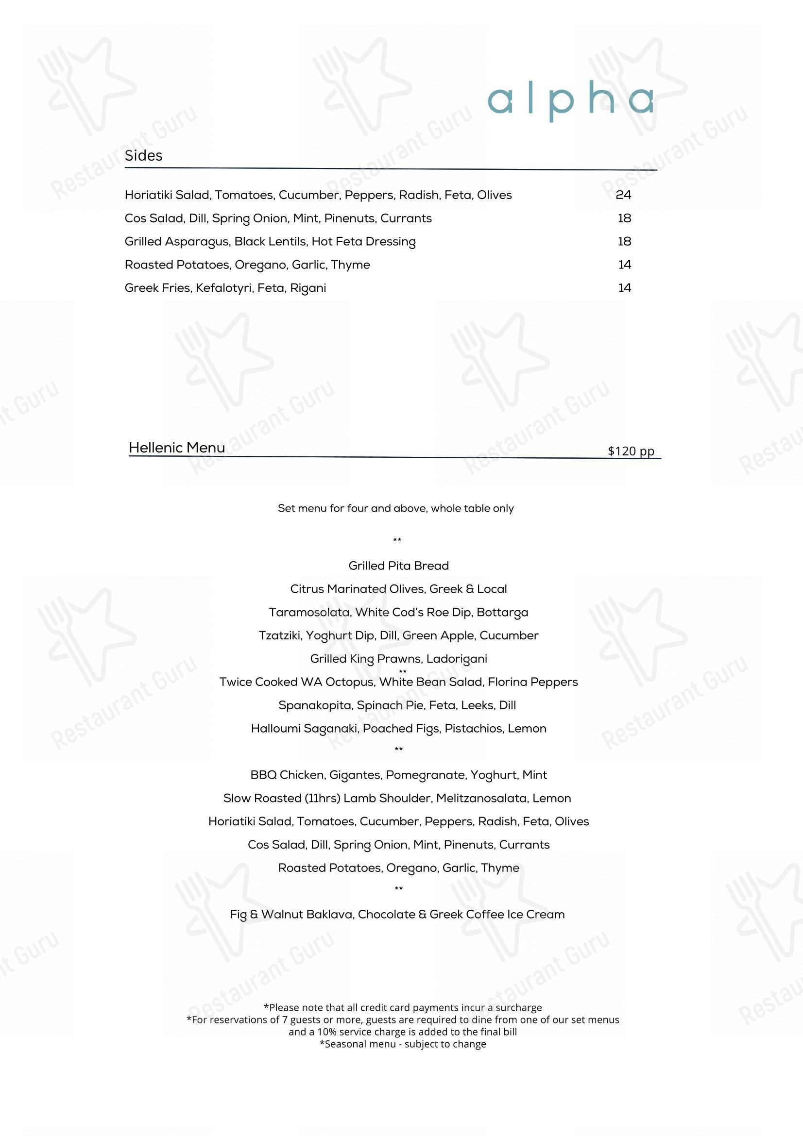 Menu at Alpha Dining restaurant, Sydney