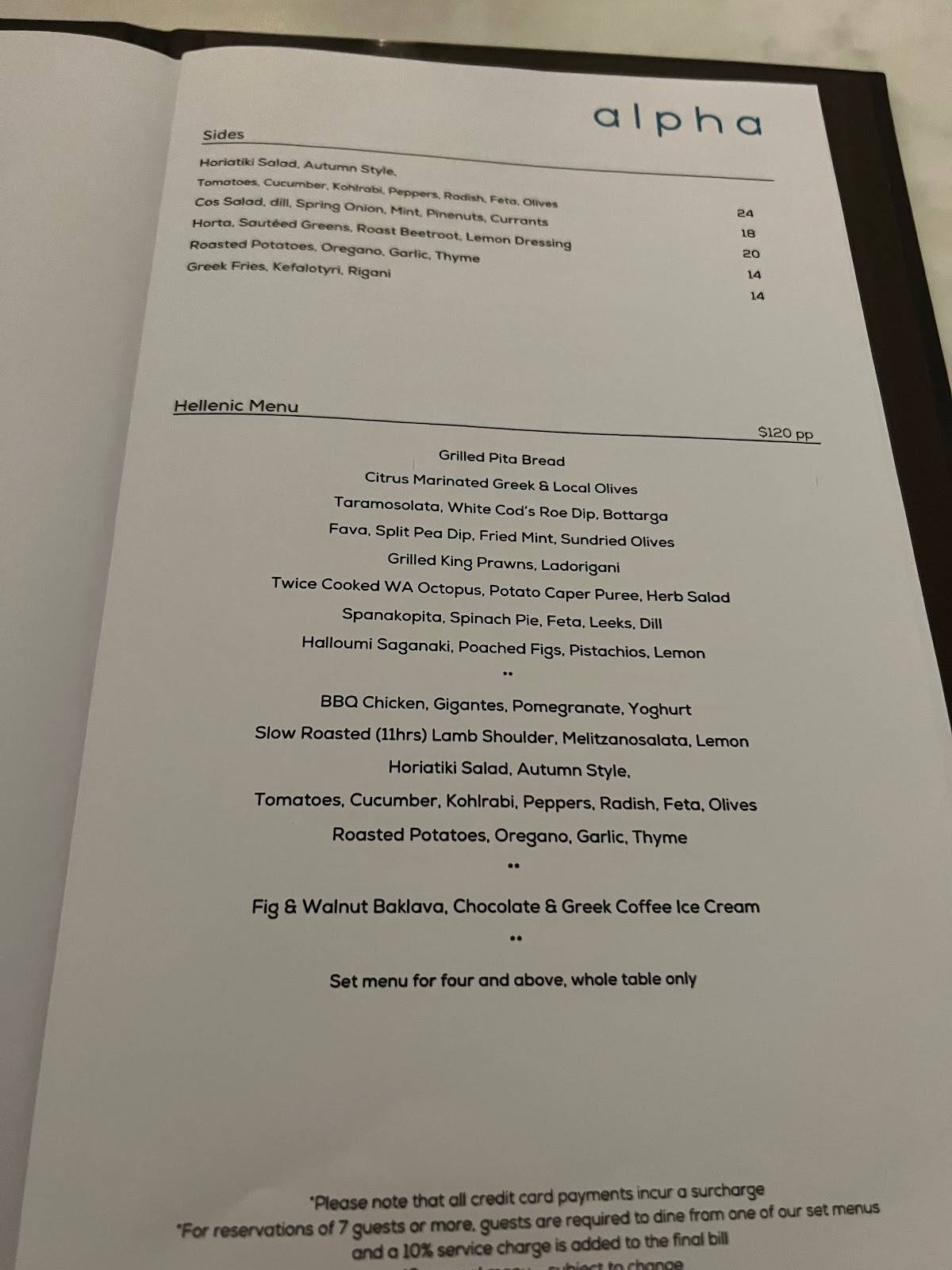 Menu at Alpha Dining restaurant, Sydney