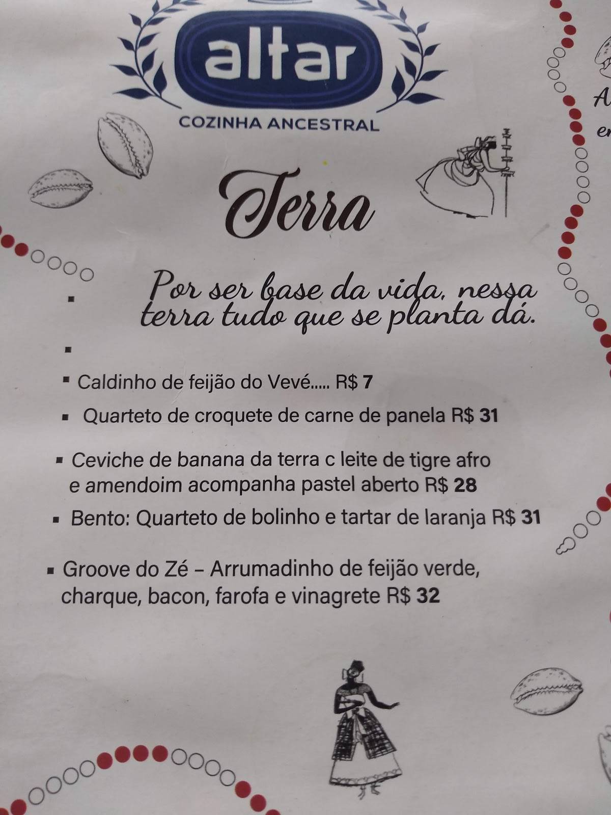 Menu em Altar Cozinha Ancestral - Recife restaurante, Recife
