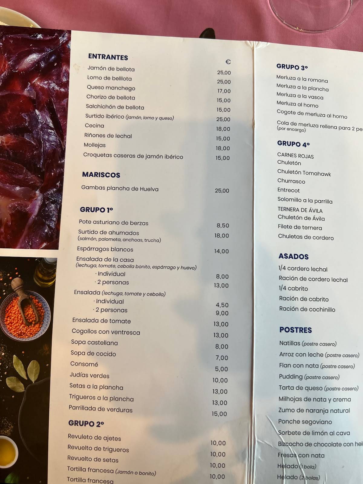 Carta de parrilla Asador Alto del León, Guadarrama