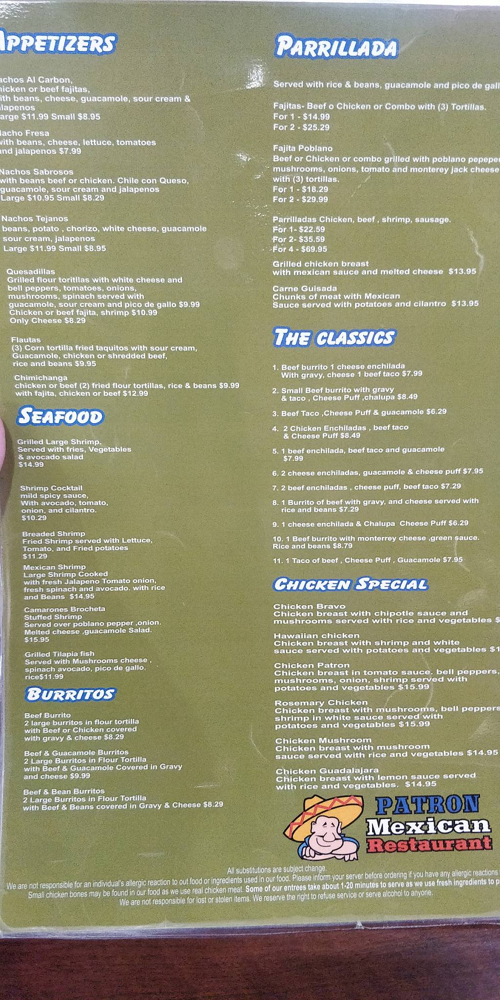 Menu at Patron restaurant, Alvin