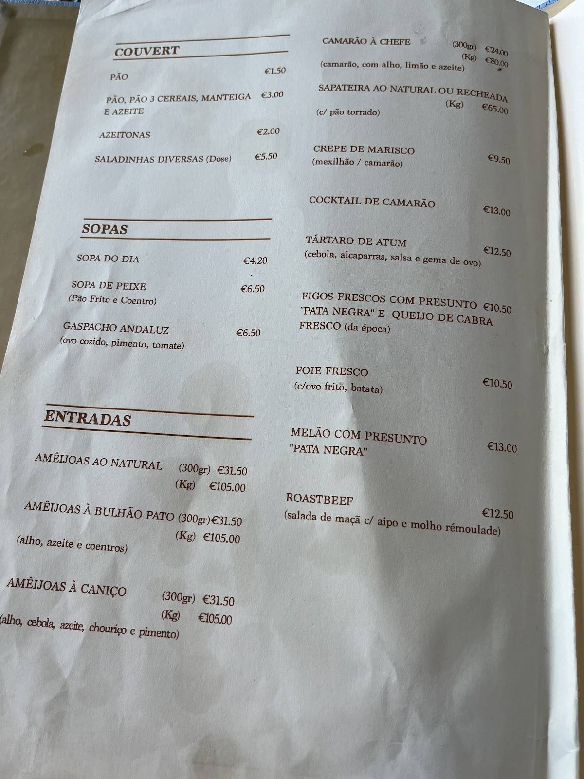 Menu at Caniço restaurant, Alvor, Aldeamento Prainha Club