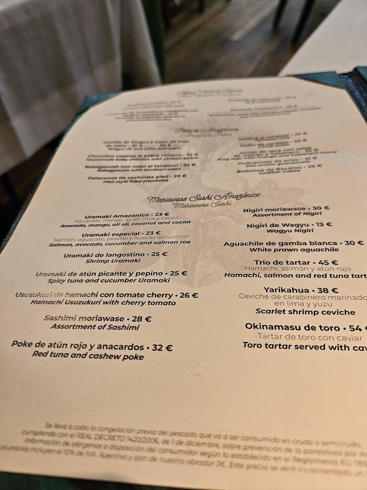 Menu at Amazónico restaurant, Madrid, C. de Jorge Juan