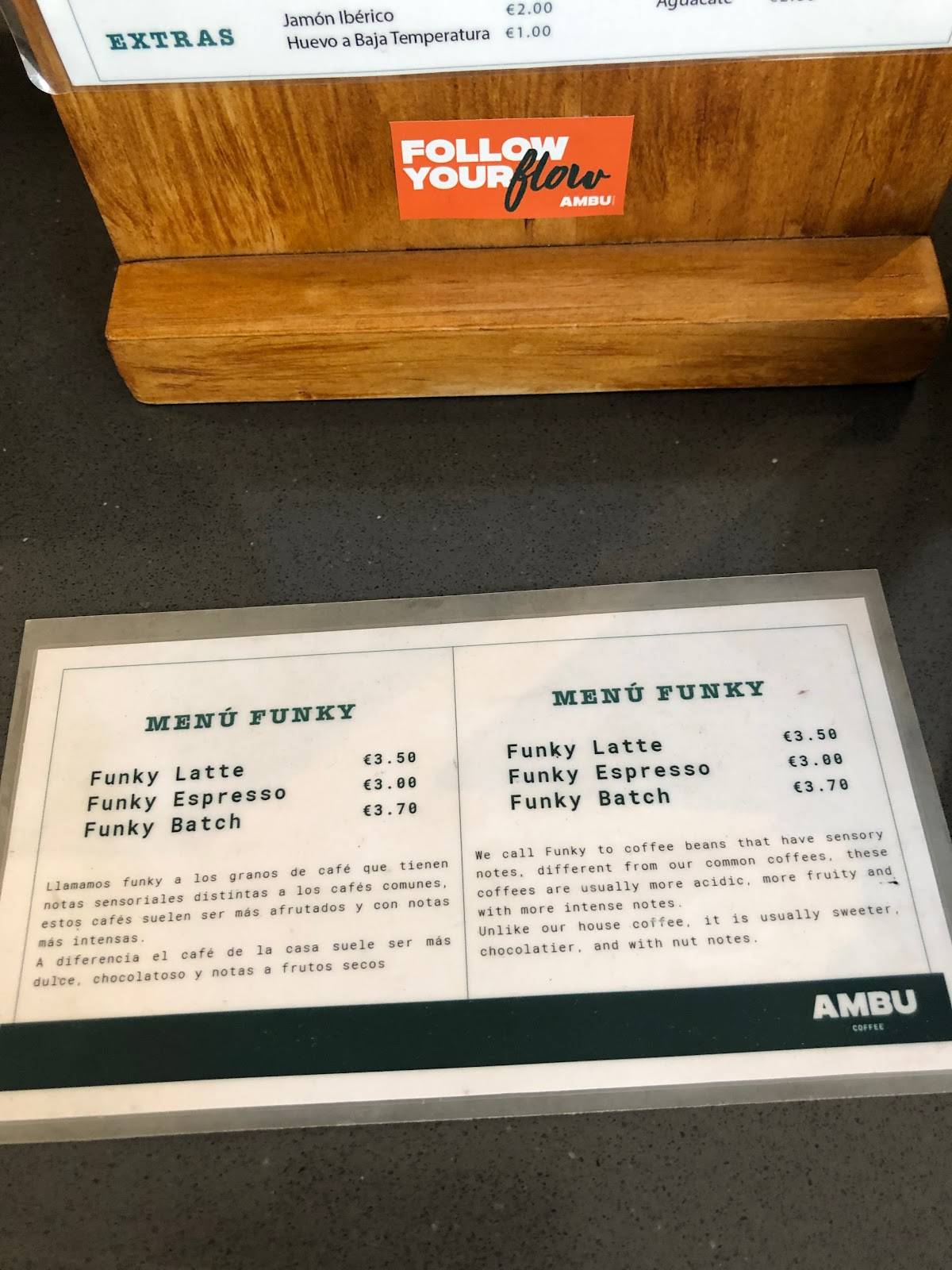 Carta de cafetería Ambu Coffee Nuñez Specialty Coffee Shop, Madrid