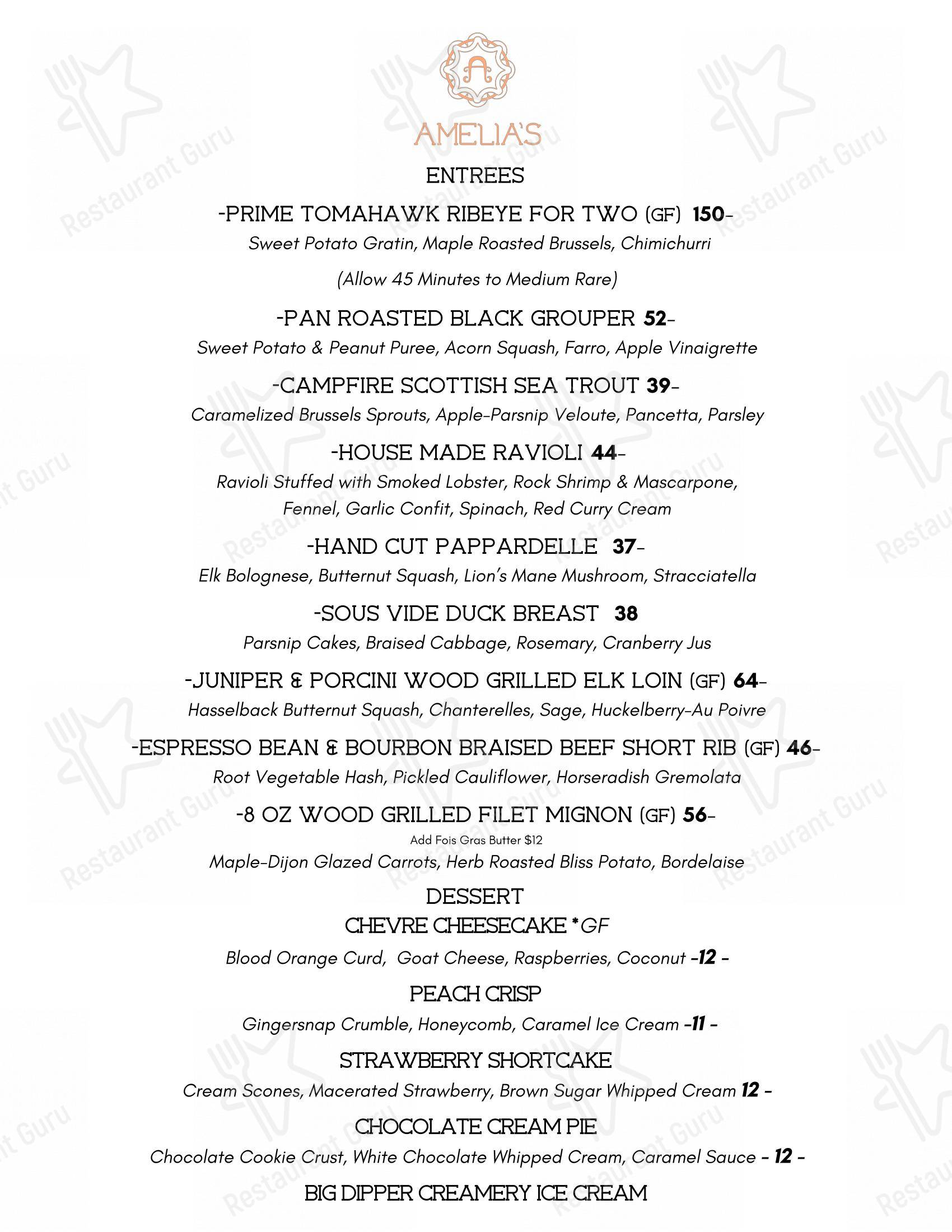 Menu at Amelia's Wood Fired Cuisine restaurant, Tulsa