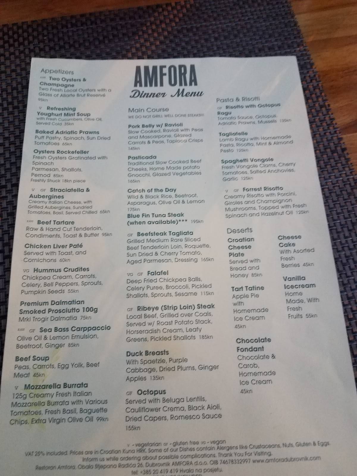 Carta de Amfora Restaurant, Dubrovnik (Ragusa)