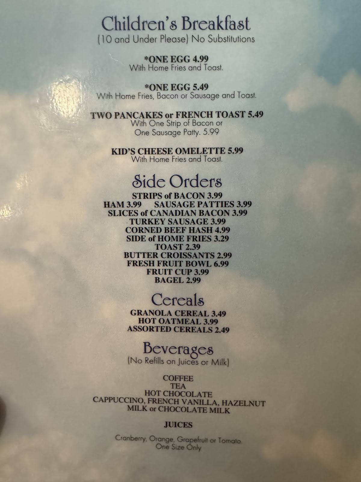 Menu at Blue Sky Restaurant, Amherst