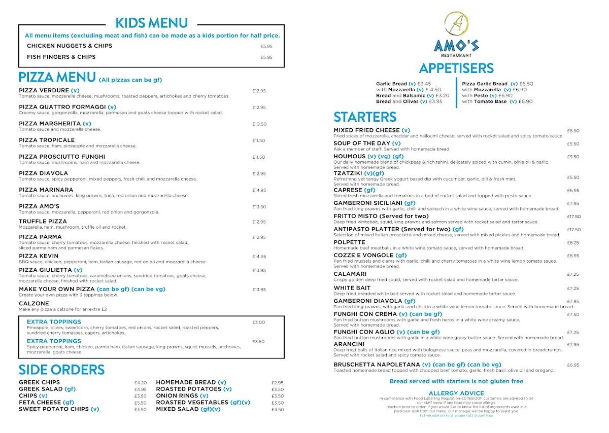 Menu at Amo’s Restaurant, Abergavenny