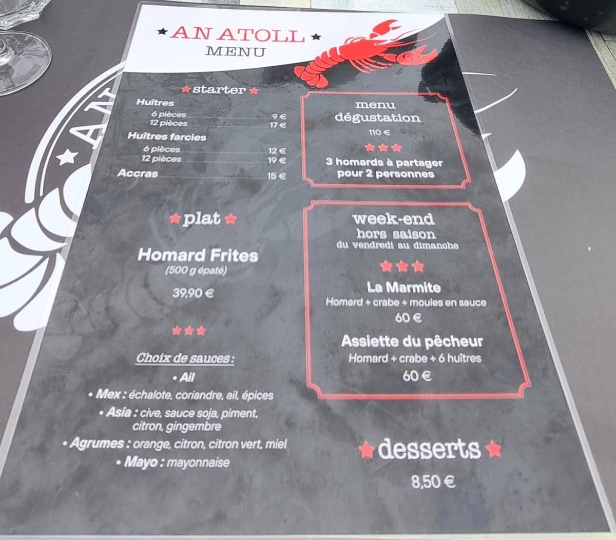 Menu au An Atoll restaurant, Guilvinec