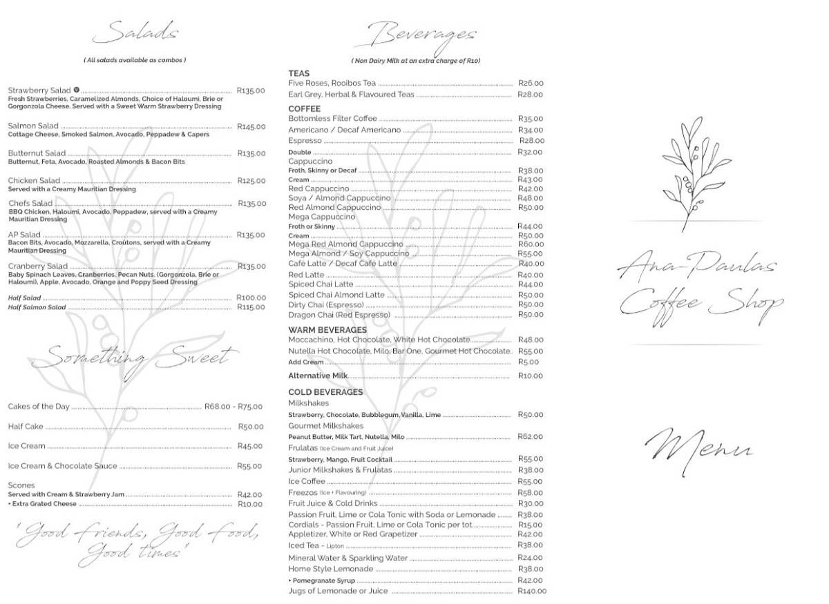 Menu at Ana-Paula's Coffee Shop restaurant, Krugersdorp