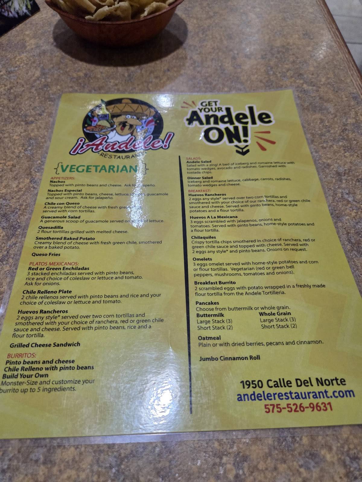 Carta de Andele Restaurant, Mesilla, Calle Del Norte #1-3