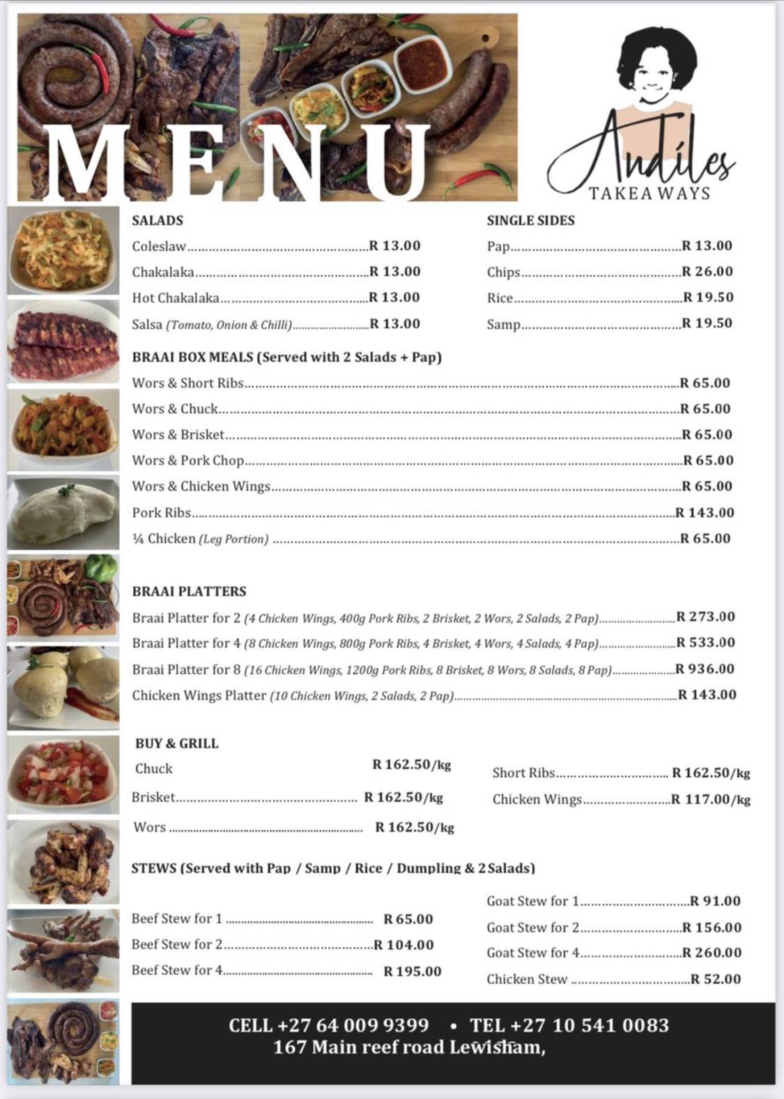 Menu at Andile's takeaway restaurant, Krugersdorp