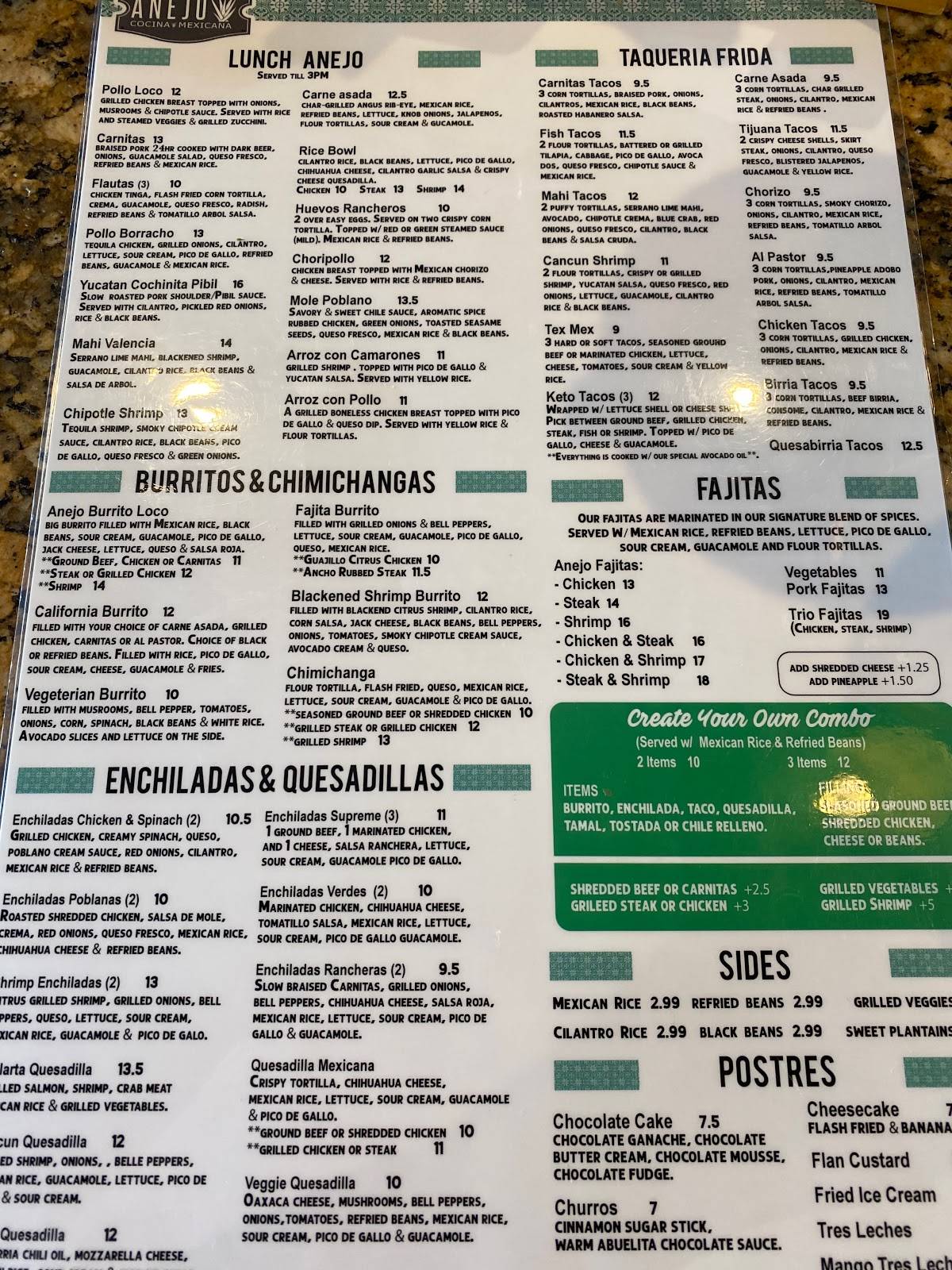 Menu at Anejo Cocina Mexicana Ponte Vedra restaurant, Ponte Vedra Beach