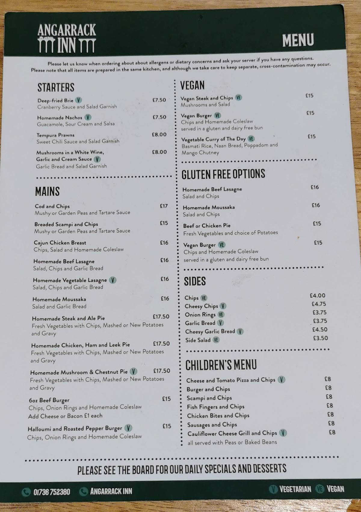 Menu at Angarrack Inn pub & bar, Hayle