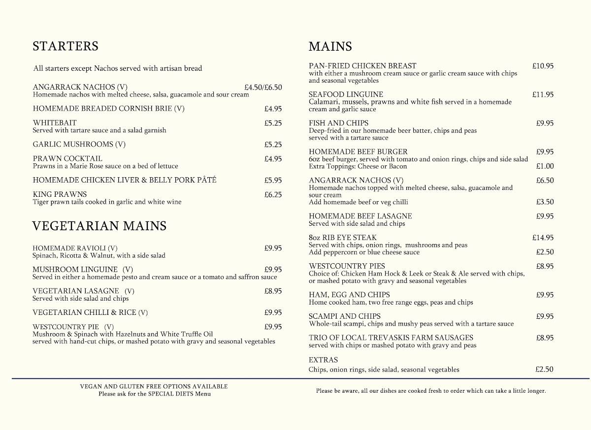 Menu at Angarrack Inn pub & bar, Hayle