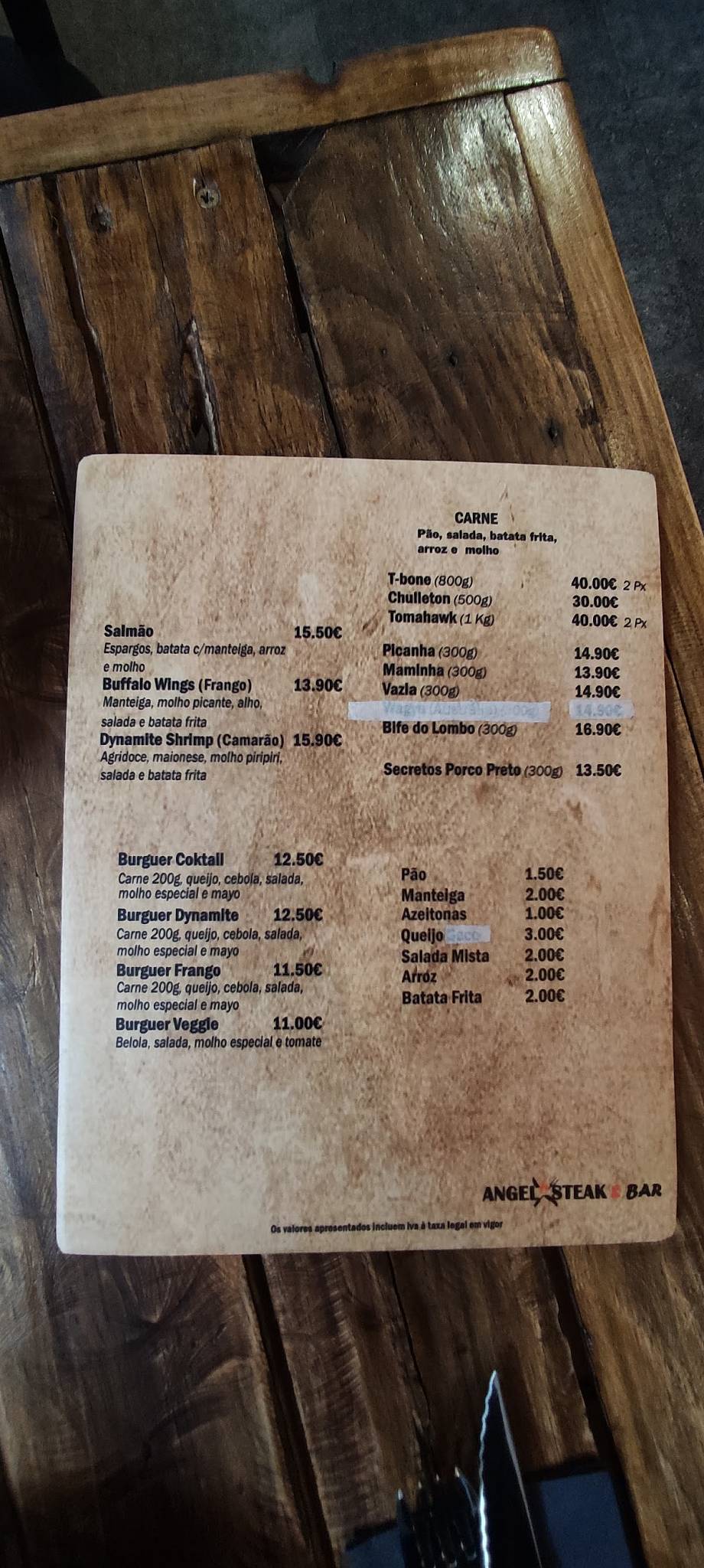 Menu em Angel Steak house restaurante, Fernão Ferro