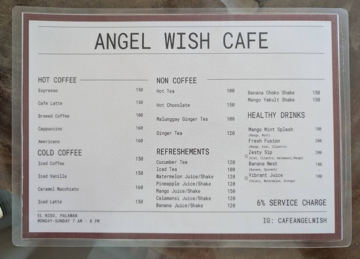 Menu at Angel Wish restaurant, El Nido, Serena St