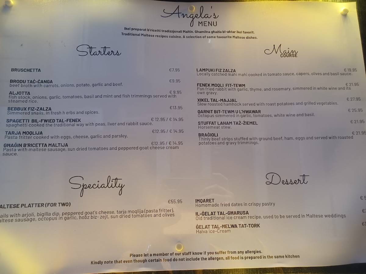 Menu at Angela's Valletta restaurant, Valletta