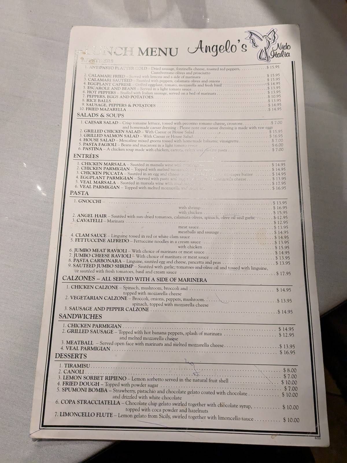 Menu at Angelos Nido Italia Restaurant, Cleveland