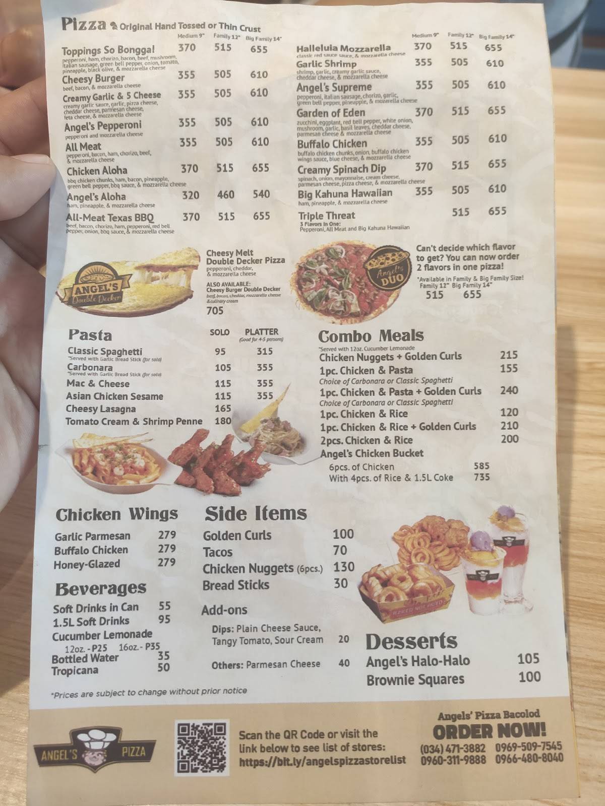 Menu at Angel's Pizza Bacolod restaurant, Bacolod