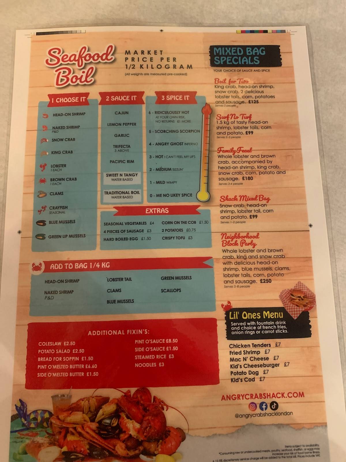 Menu at Angry Crab Shack restaurant, London
