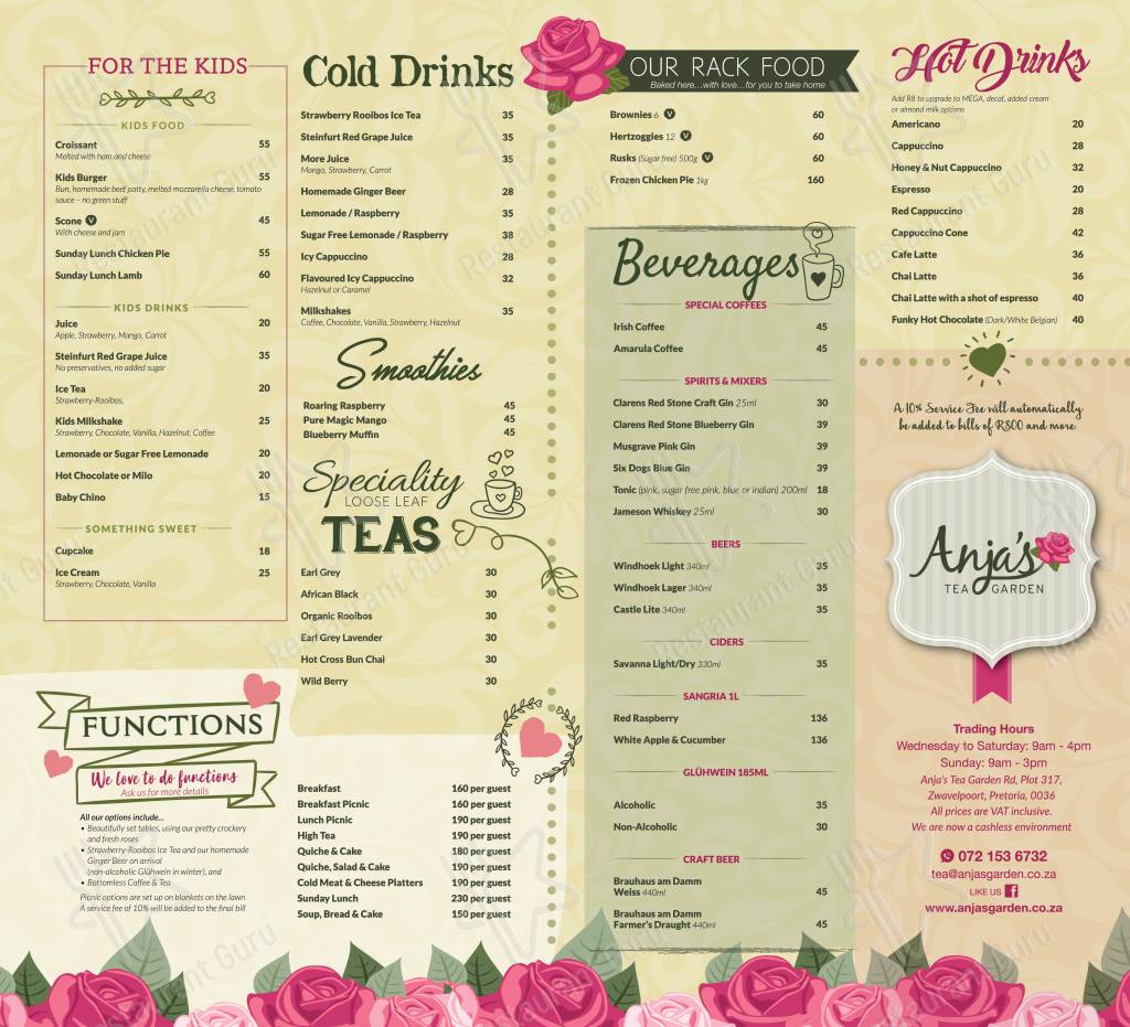 Menu at Anja's Tea Garden/ Anja's at Home cafe, Pretoria, Stellenberg Rd