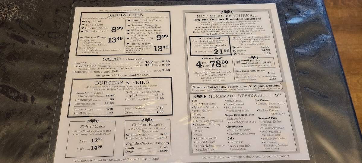 Menu at Anna Mae's Bakery & Restaurant, Millbank