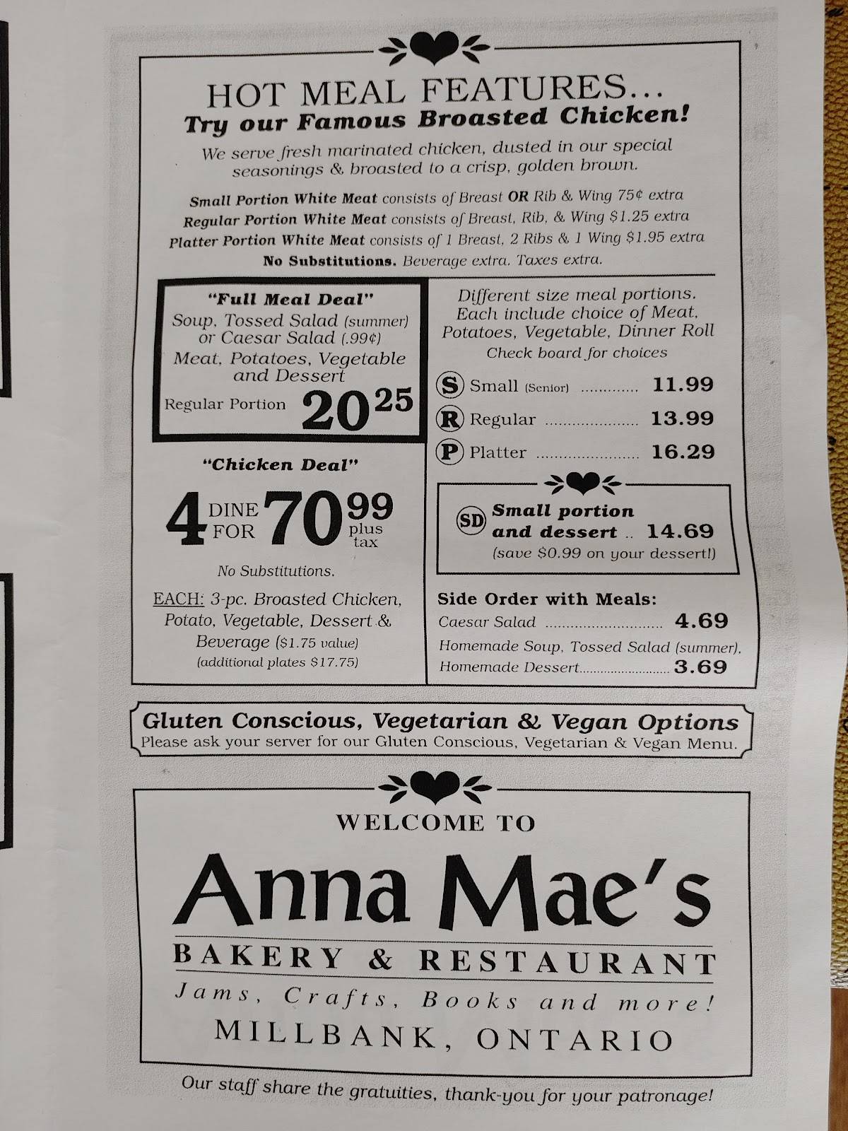 Menu at Anna Mae's Bakery & Restaurant, Millbank