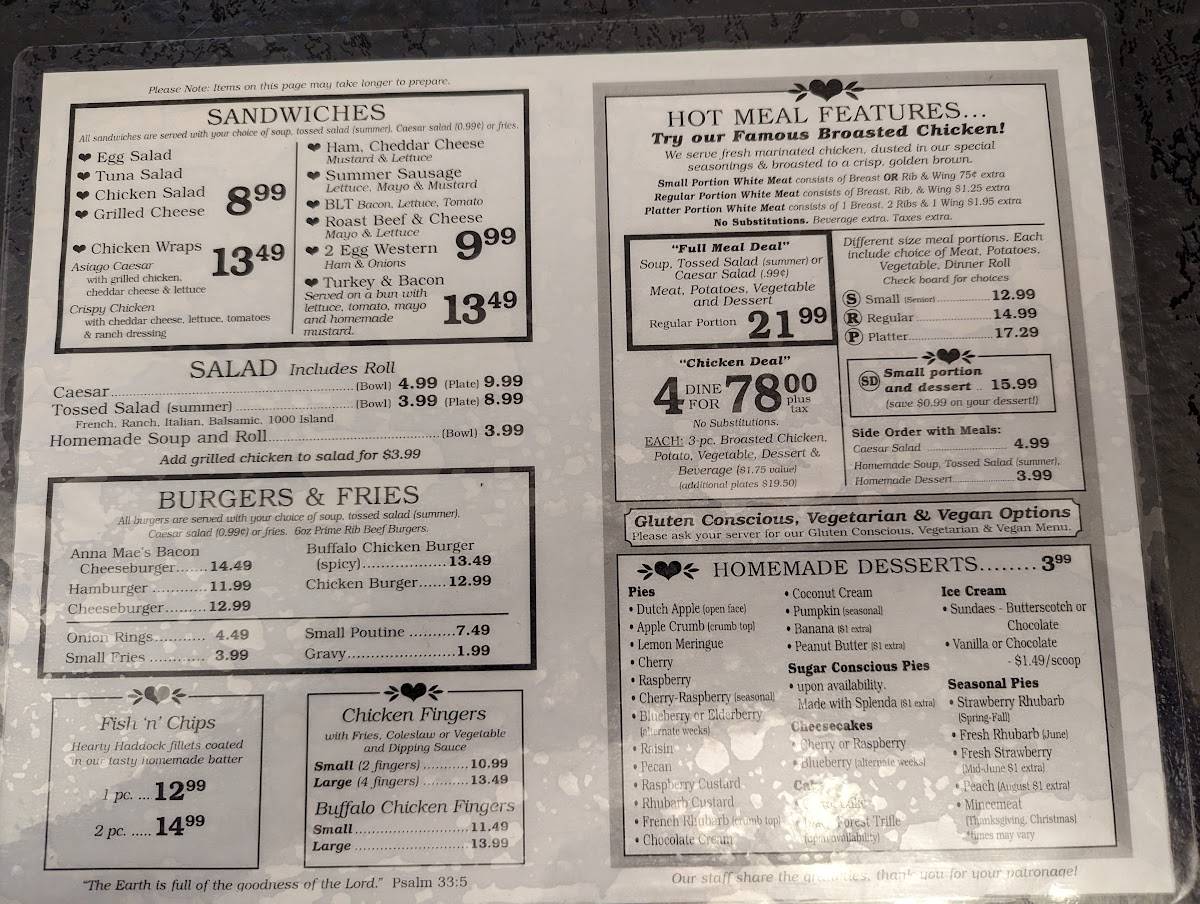 Menu at Anna Mae's Bakery & Restaurant, Millbank