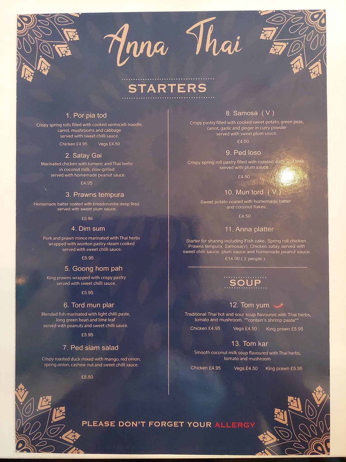 Menu at Anna Thai restaurant, Edinburgh