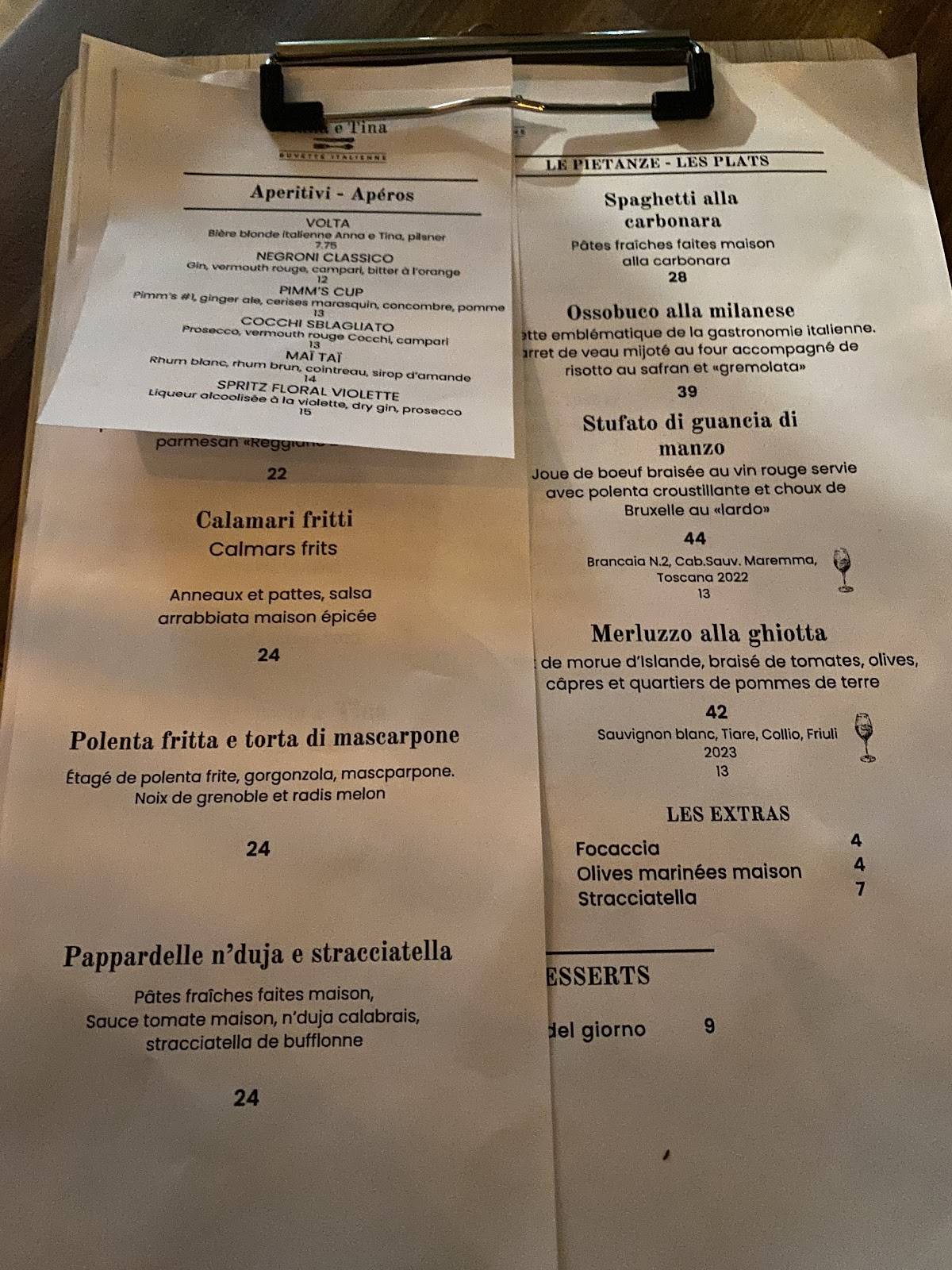 Menu au Anna e Tina buvette italienne restaurant, Shawinigan