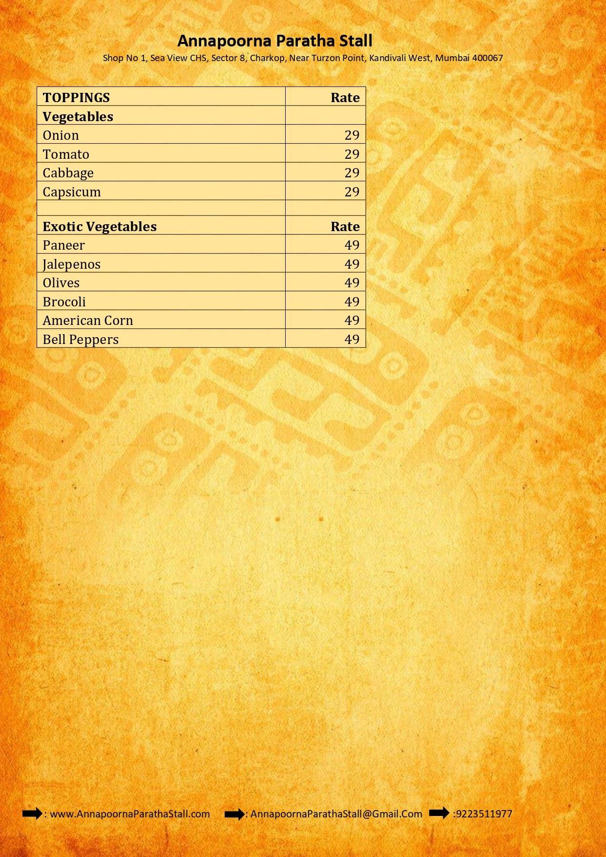 Menu at Annapoorna Paratha Stall, Mumbai, 25