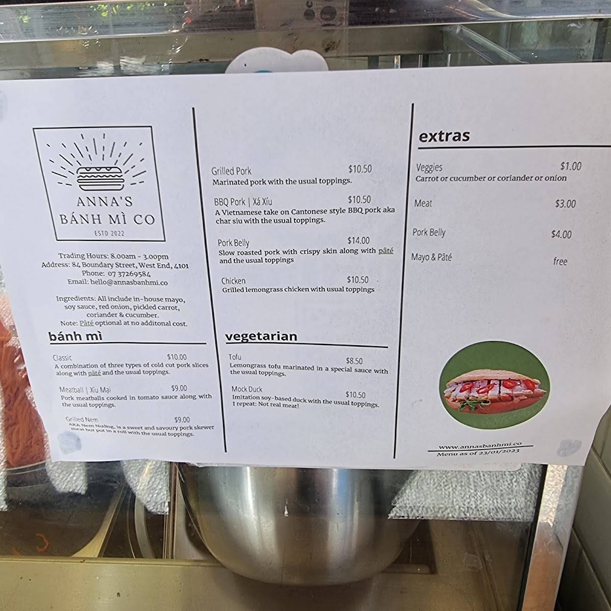 Menu at Anna's Banh Mi Co fast food, West End