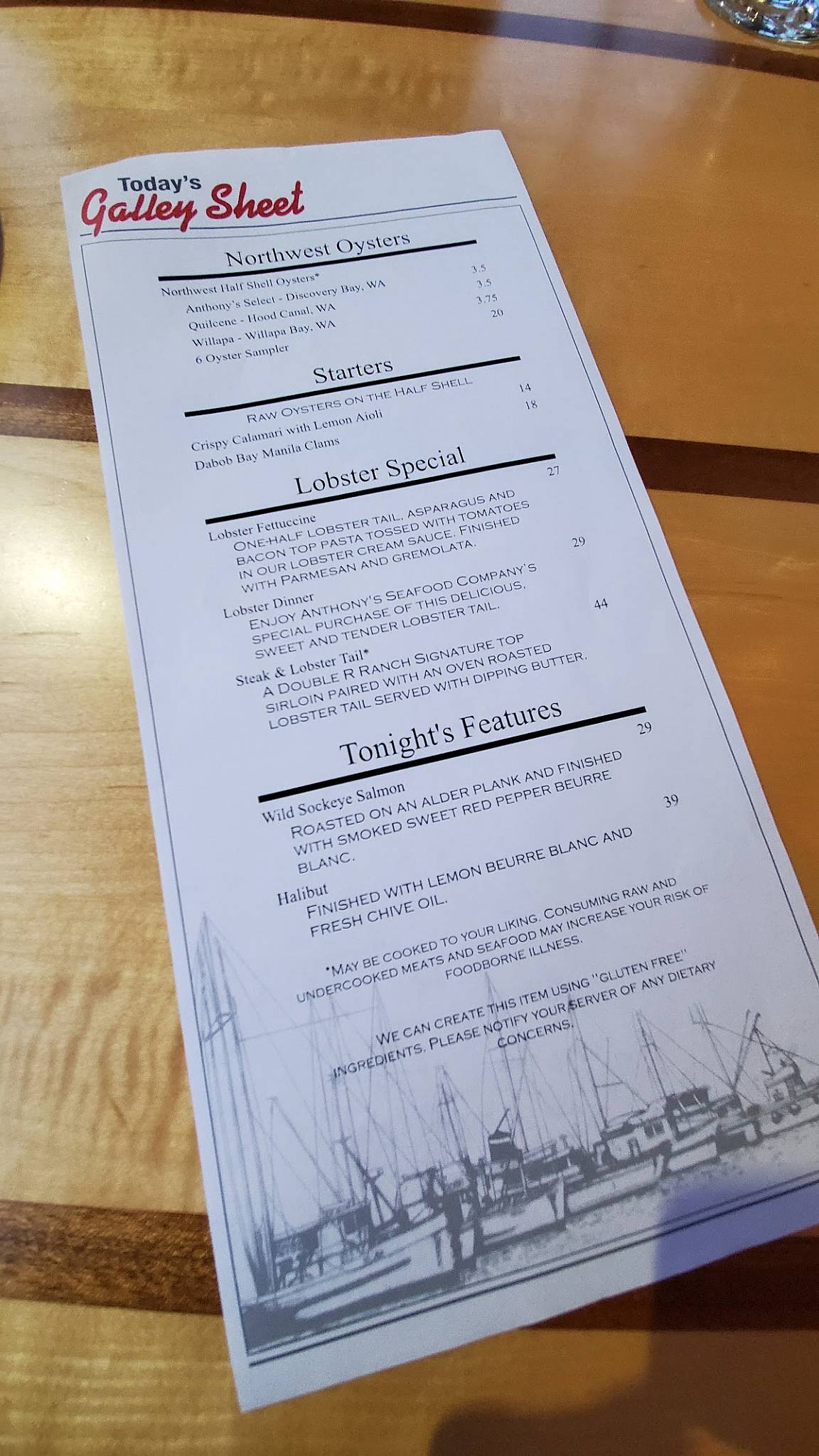 Menu at Anthony's At Point Defiance restaurant, Tacoma