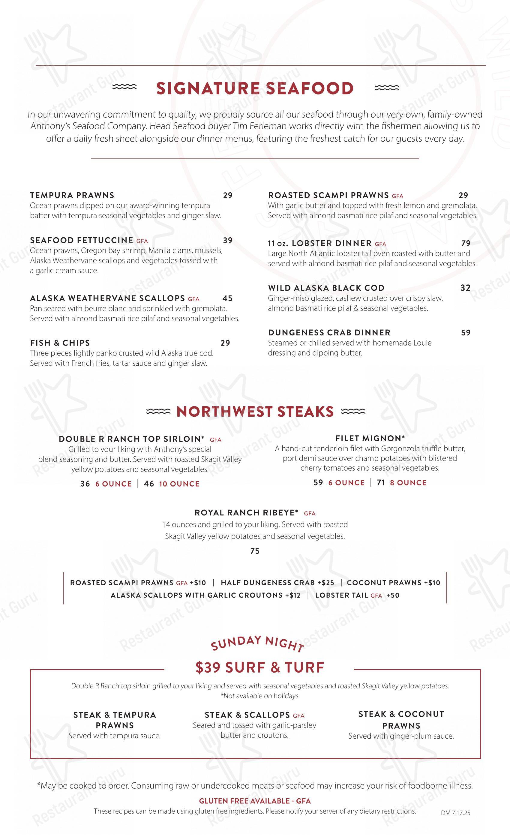 Menu at Anthony's At Point Defiance restaurant, Tacoma