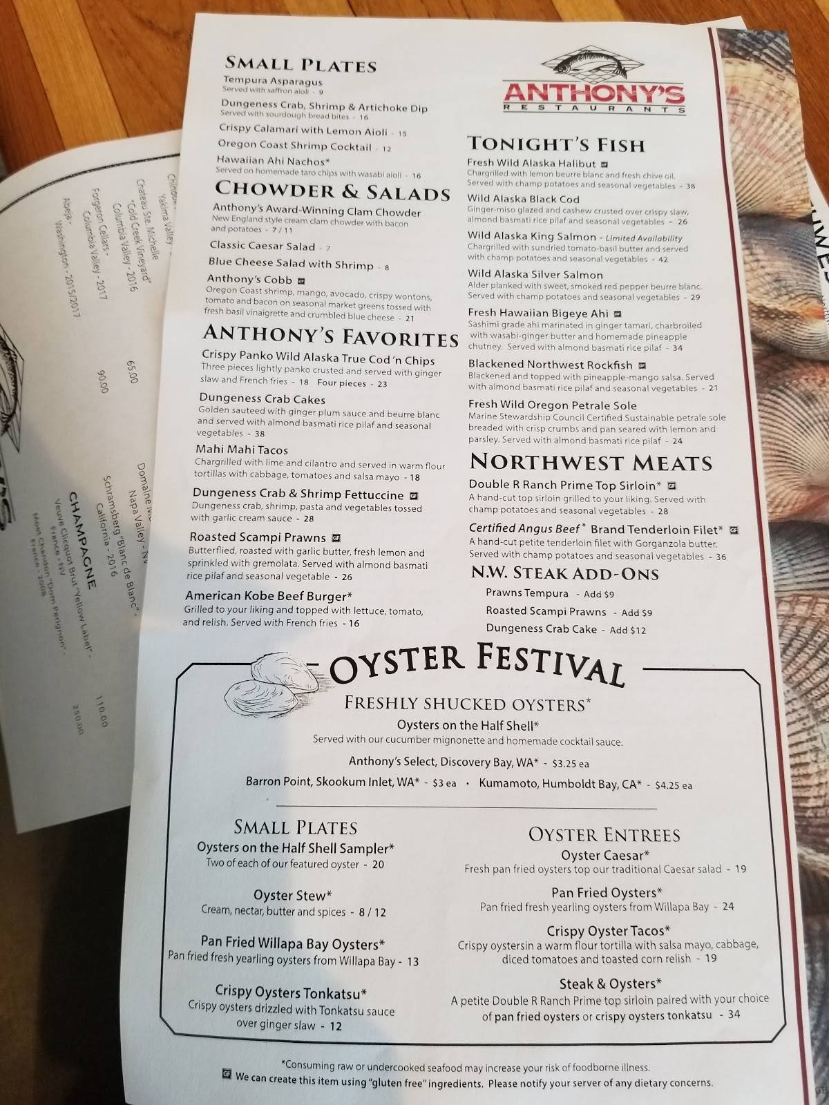 Menu at Anthony's at Gig Harbor restaurant, Gig Harbor