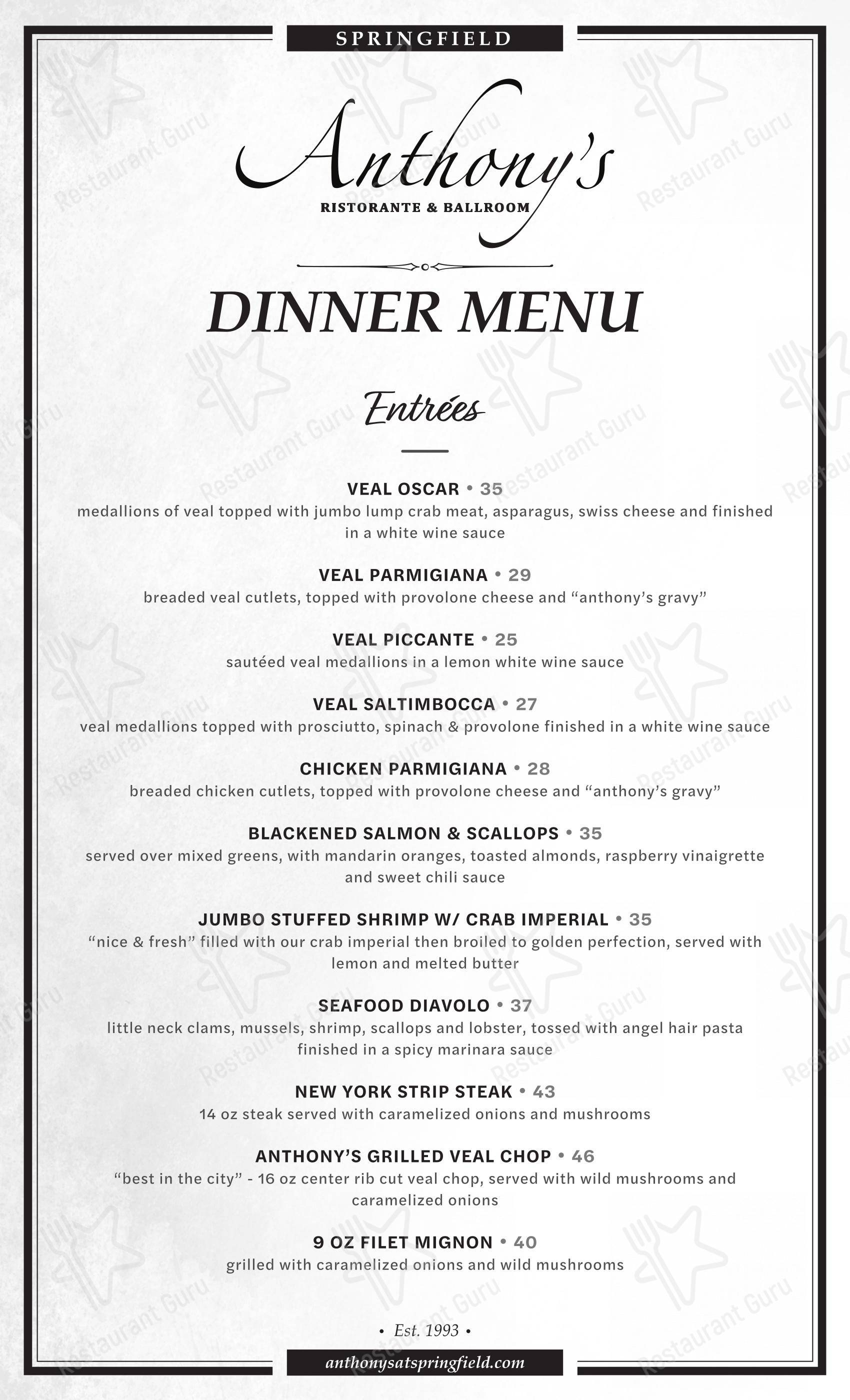 Menu at Anthony's restaurant, Springfield