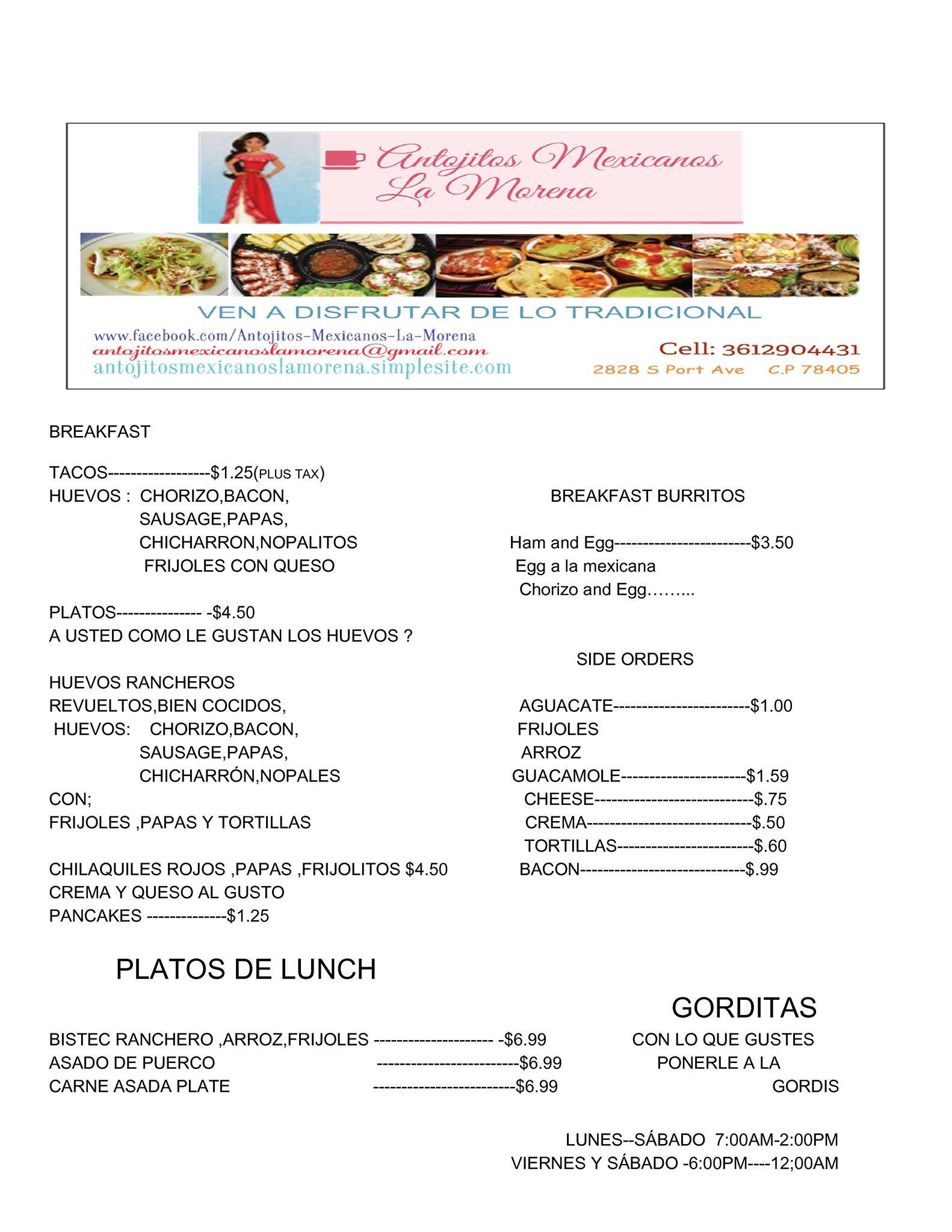 Menu at Antojitos Mexicanos La Morena restaurant, Corpus Christi