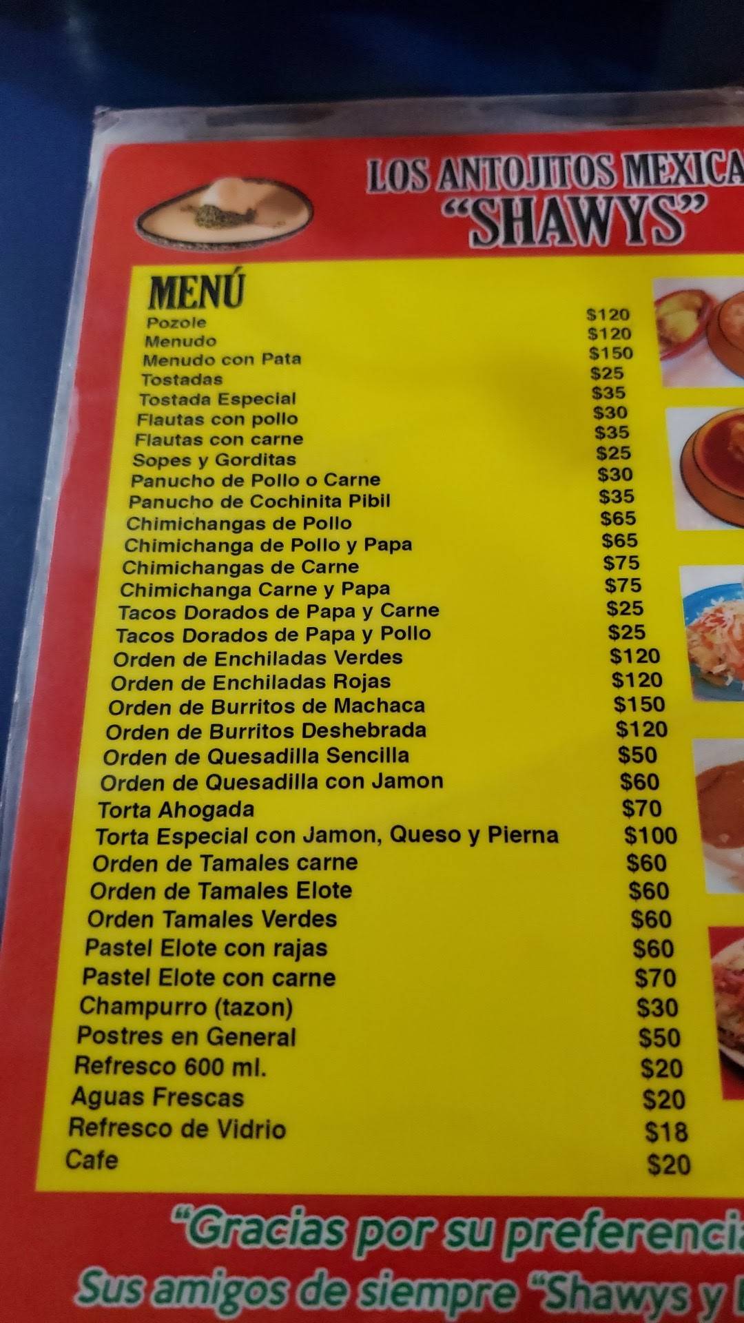 Carta del restaurante Antojos Mexicanos Shawys y el Profe, Hermosillo