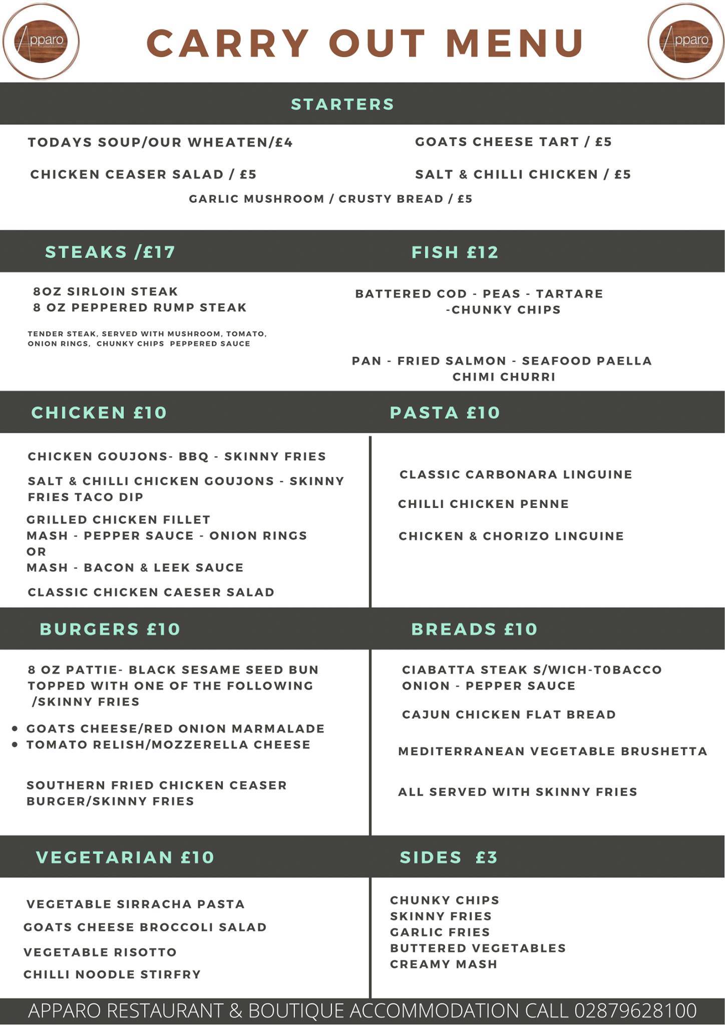 Menu at Apparo restaurant, Draperstown