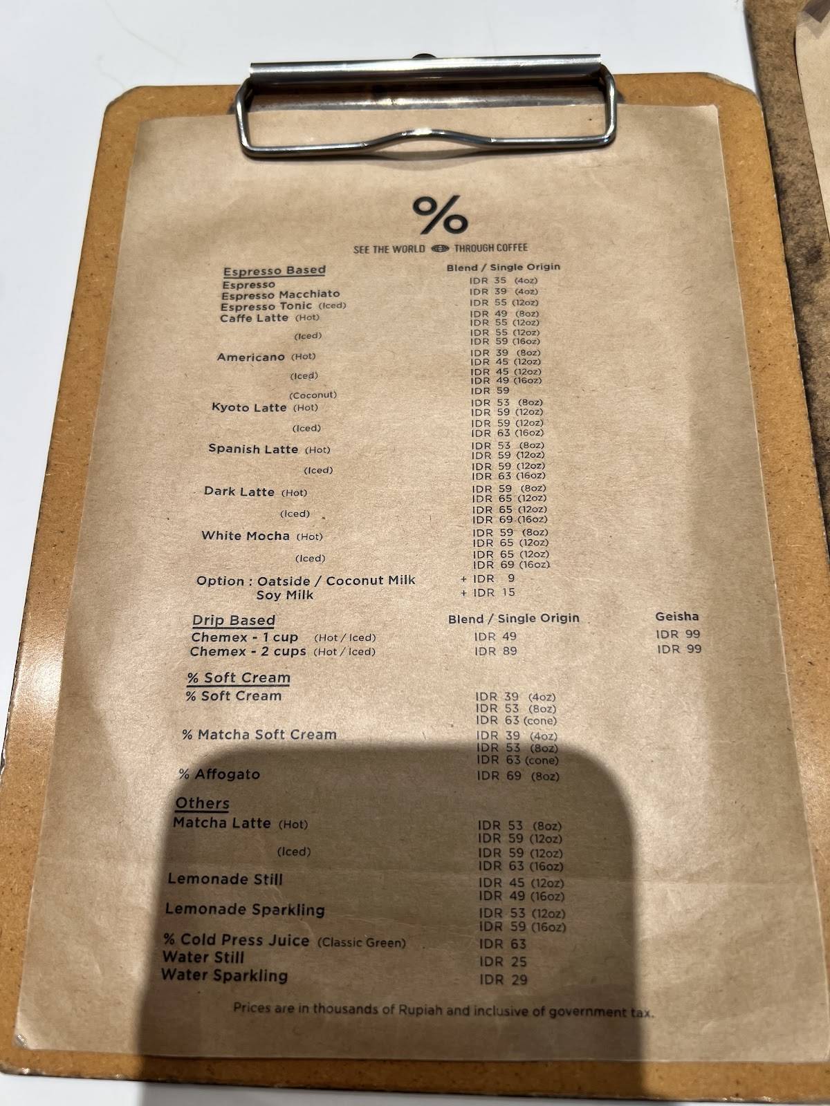 Menu at % Arabica Bali Kuta Beachwalk cafe, Kuta Selatan