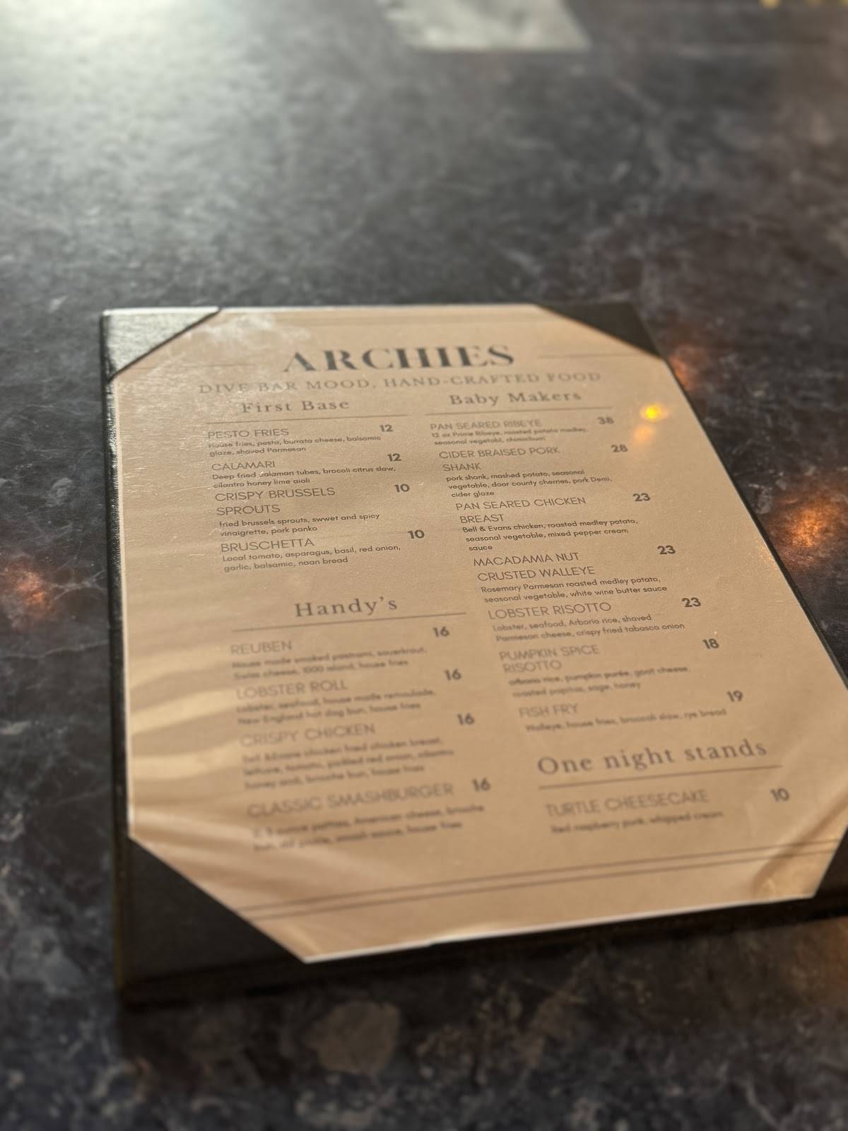 Menu at Archies restaurant, Little Suamico