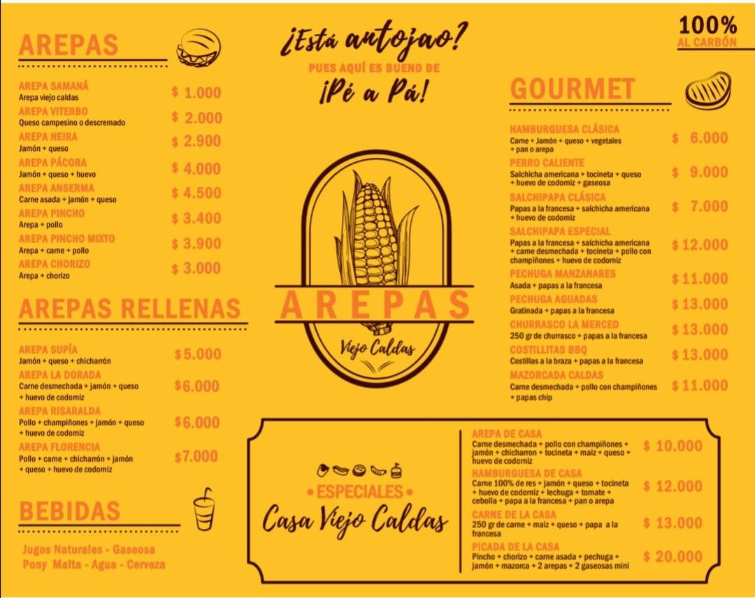 Menu at Arepas Viejo Caldas restaurant, Bogotá