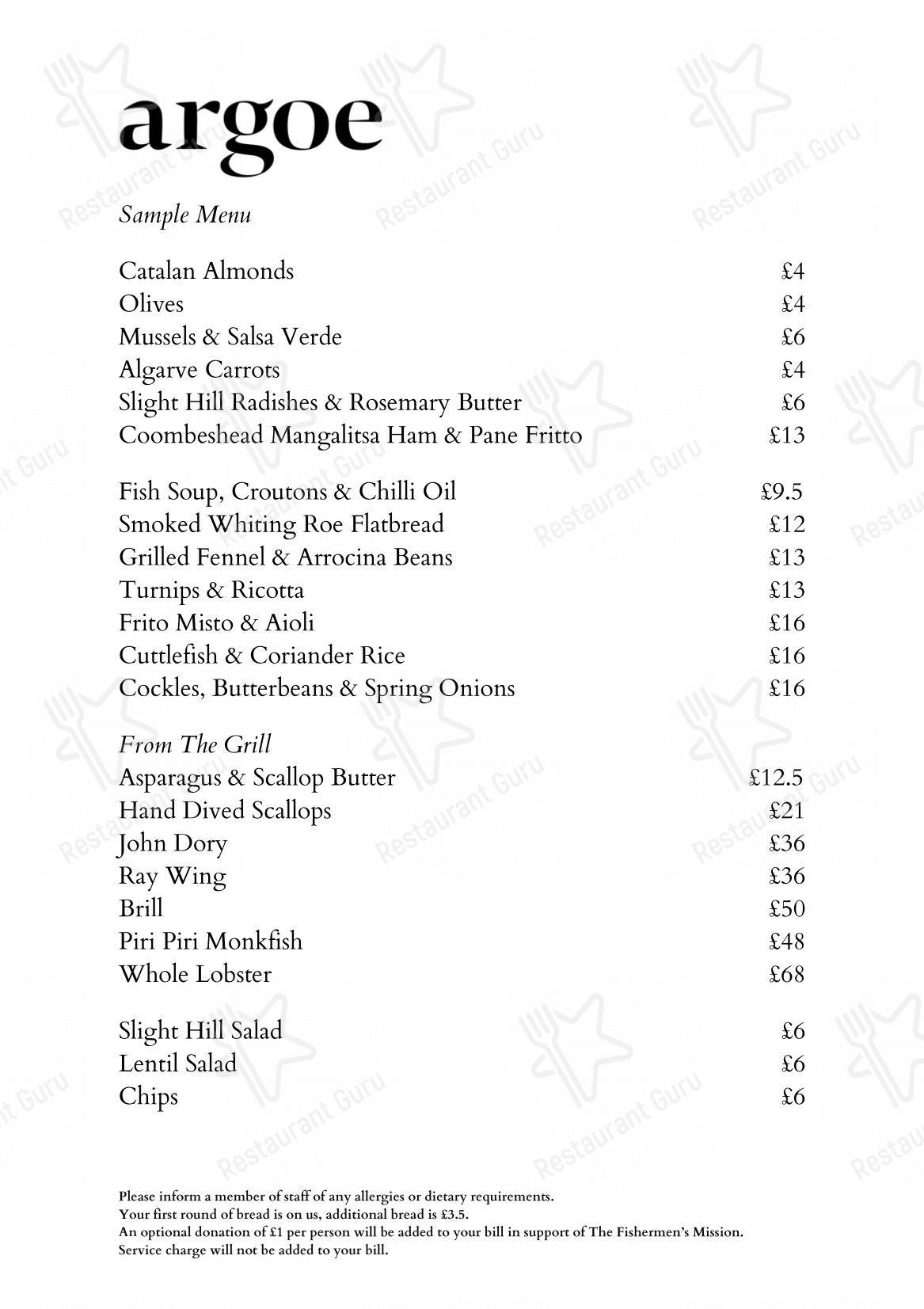 Menu at Argoe restaurant, Newlyn, Strand
